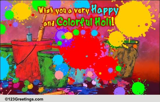 Holi Wishes With Buckets Of Colors. Free Happy Holi eCards | 123 Greetings